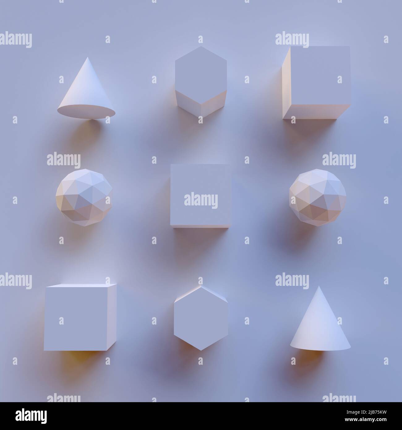 An abstract scene in blue tones. A square of geometric bodies laid out ...