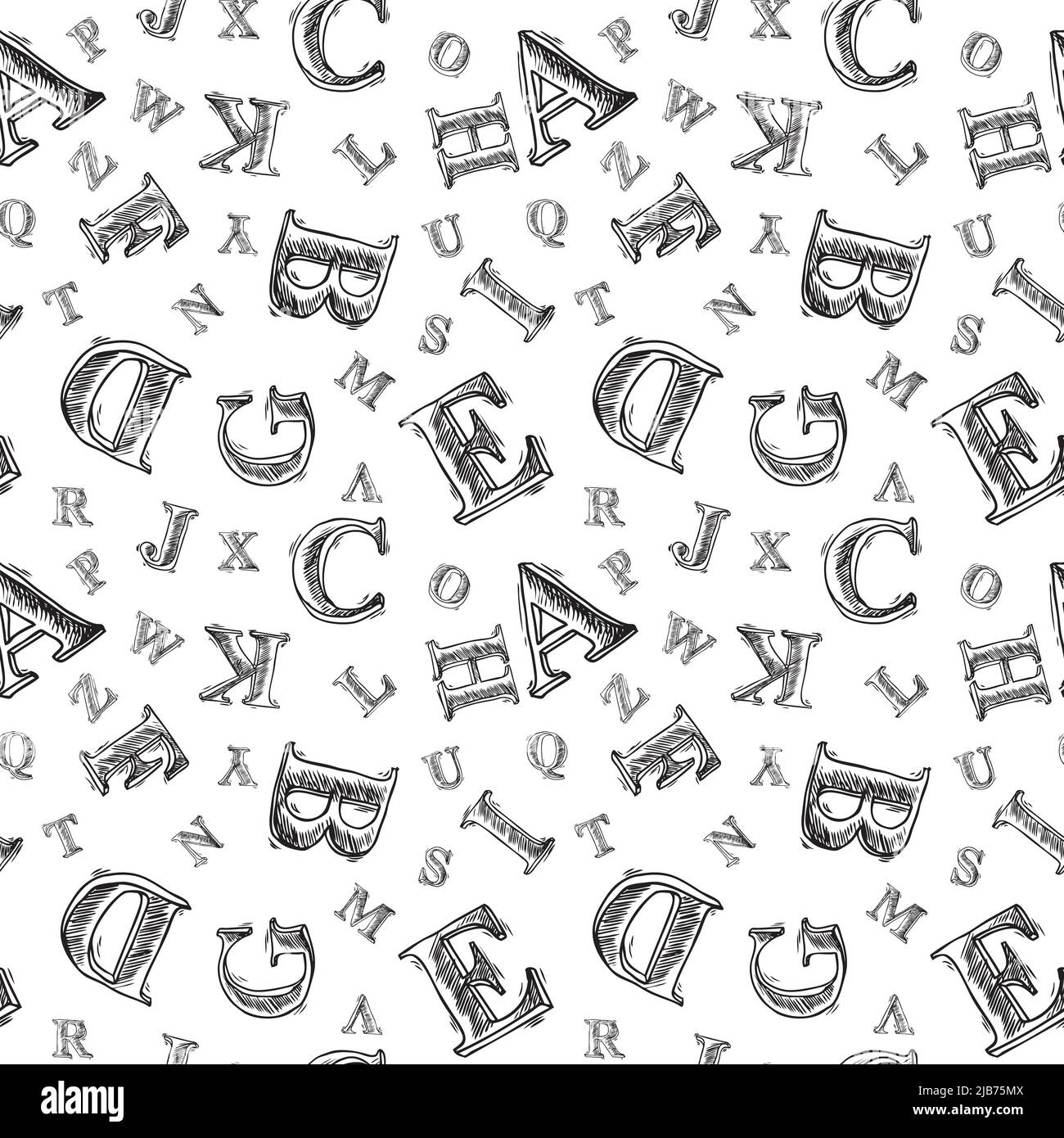 Sketch hand drawn alphabet black and white font letters seamless ...