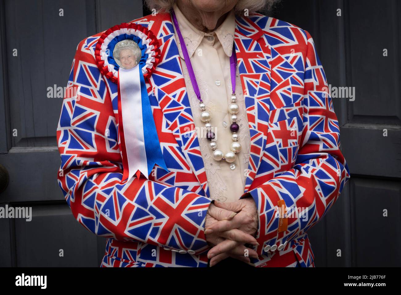 London, UK. 3rd June, 2022. Royal enthusiast MARGARET TYLER, 78, wears ...