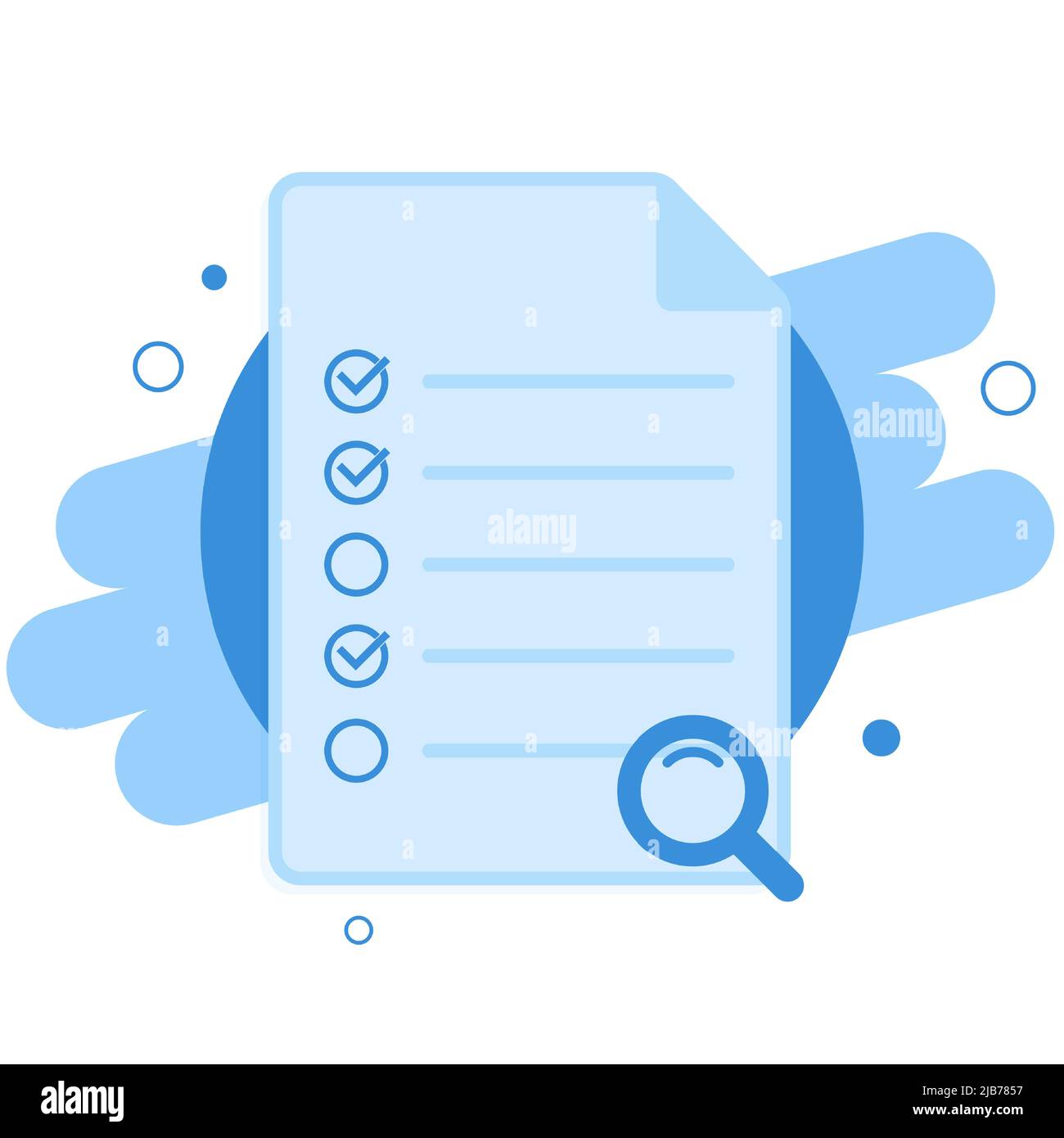 Checklist clipboard with check marks, tick icons and magnifying glass ...