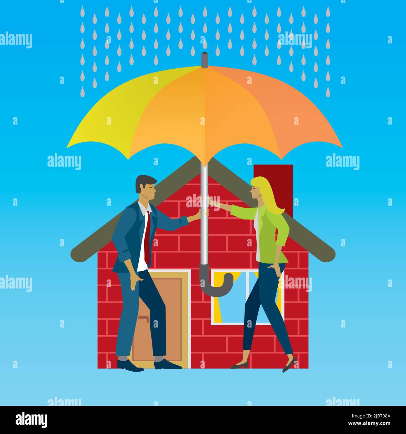 Couple protecting house with umbrella. Square design. Vector ...
