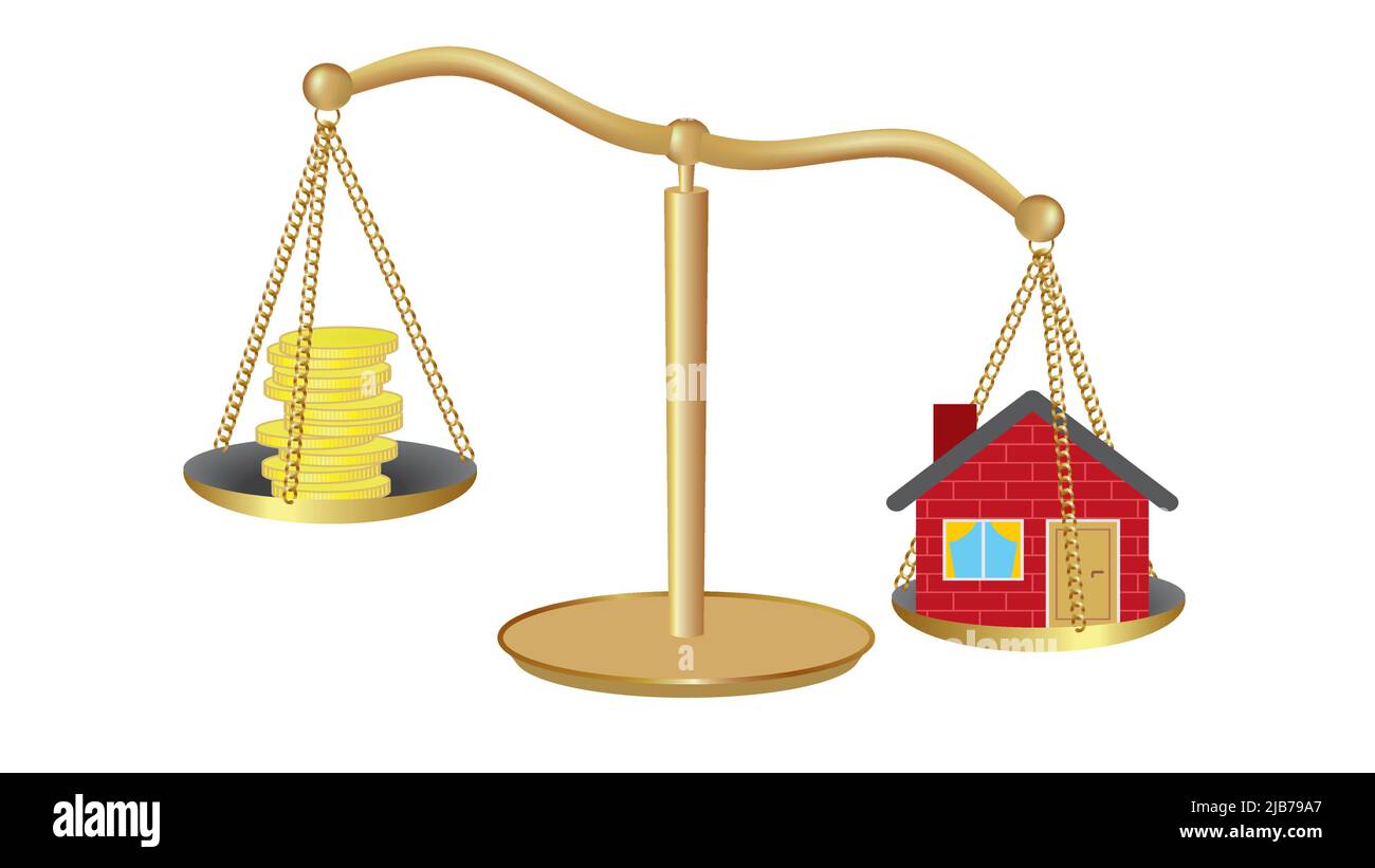 Weight scale with money on one side and house on the other. Isolated on ...