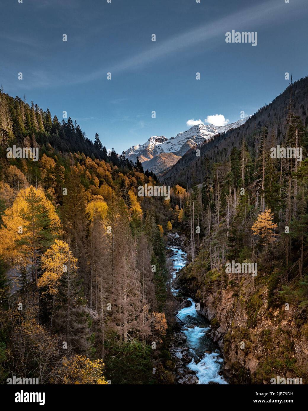A river flowing through a mountain valley dividing it into two parts ...