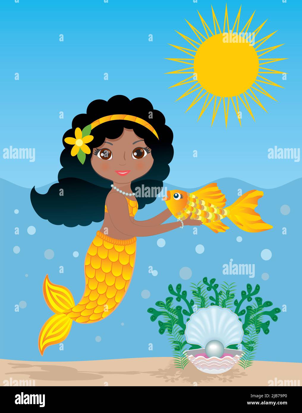 Lovely mermaid holding gold fish. In the sand a shell with a pearl ...