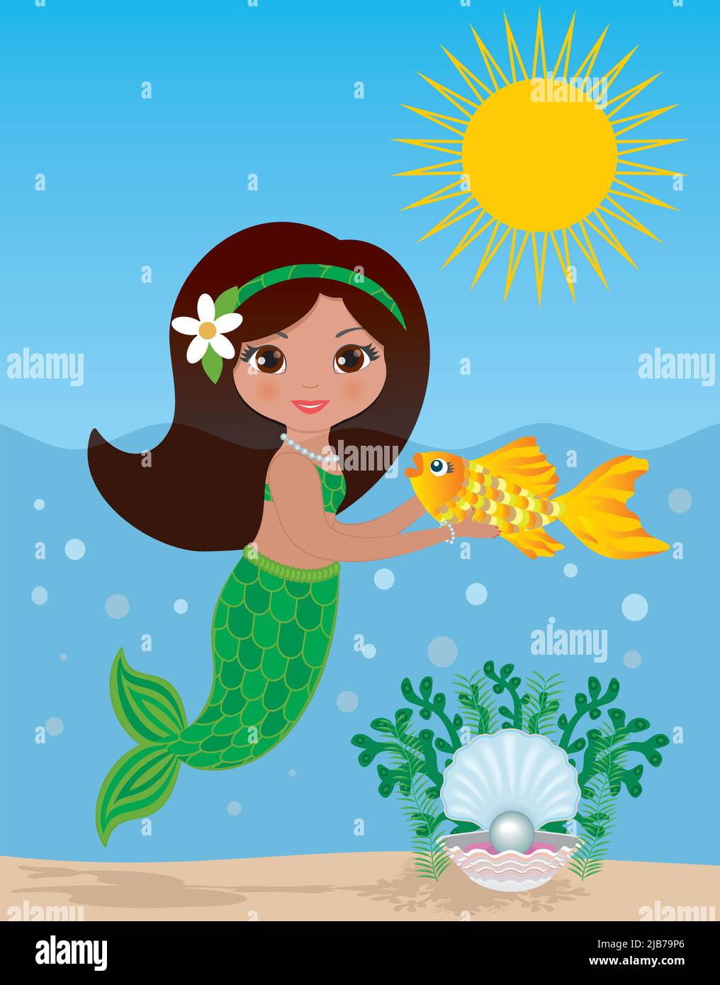 Lovely mermaid holding gold fish. In the sanda shell with a pearl ...