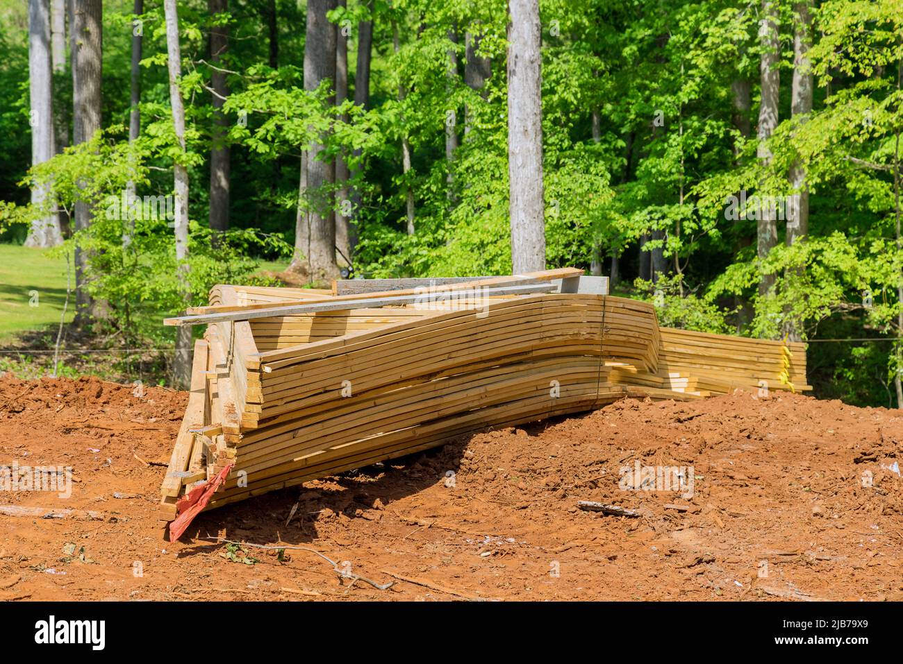 Framing of under construction wooden house building frame structure on ...