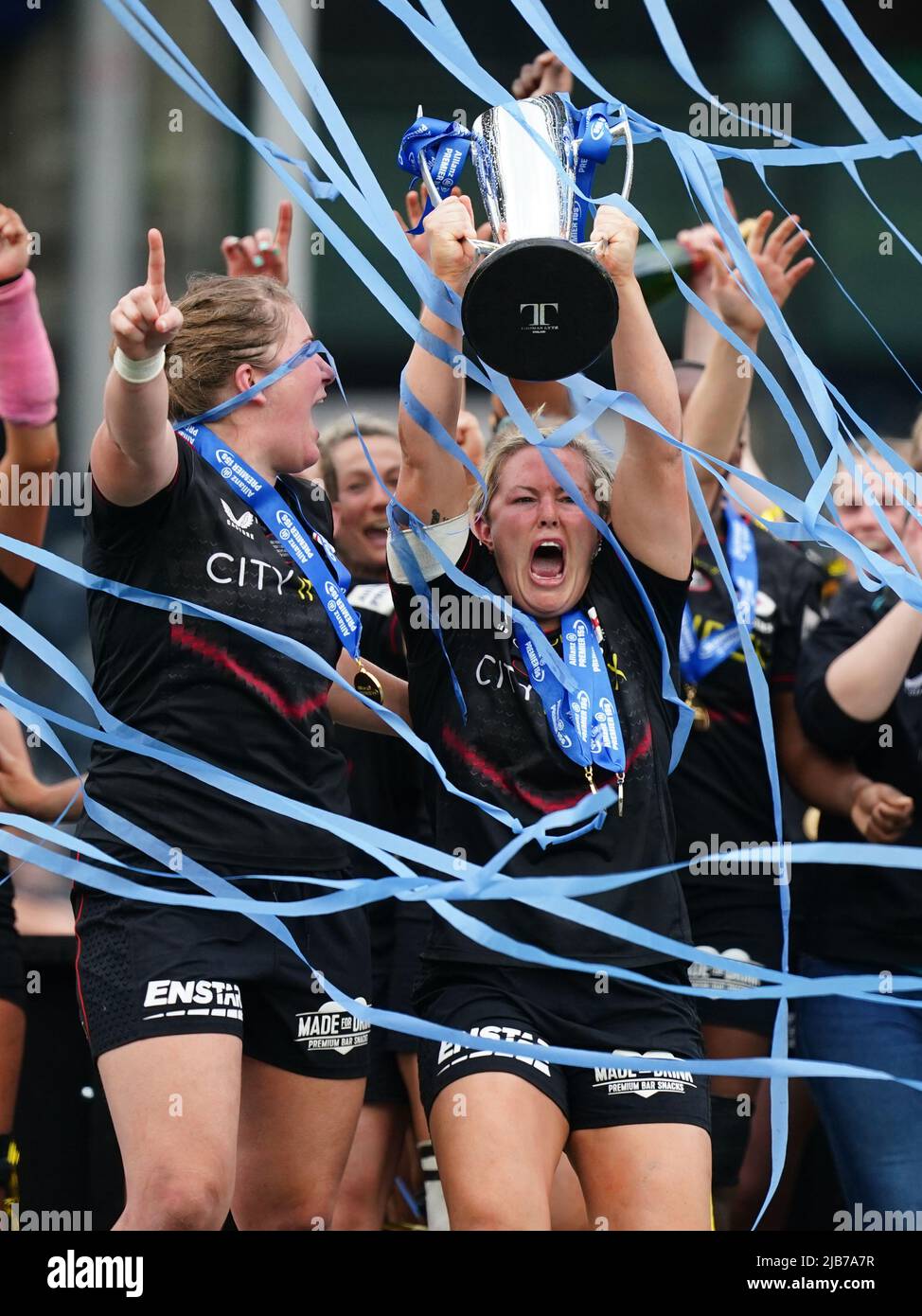 Saracens' Marlie Packer lifts the Allianz Premier 15s trophy after the ...