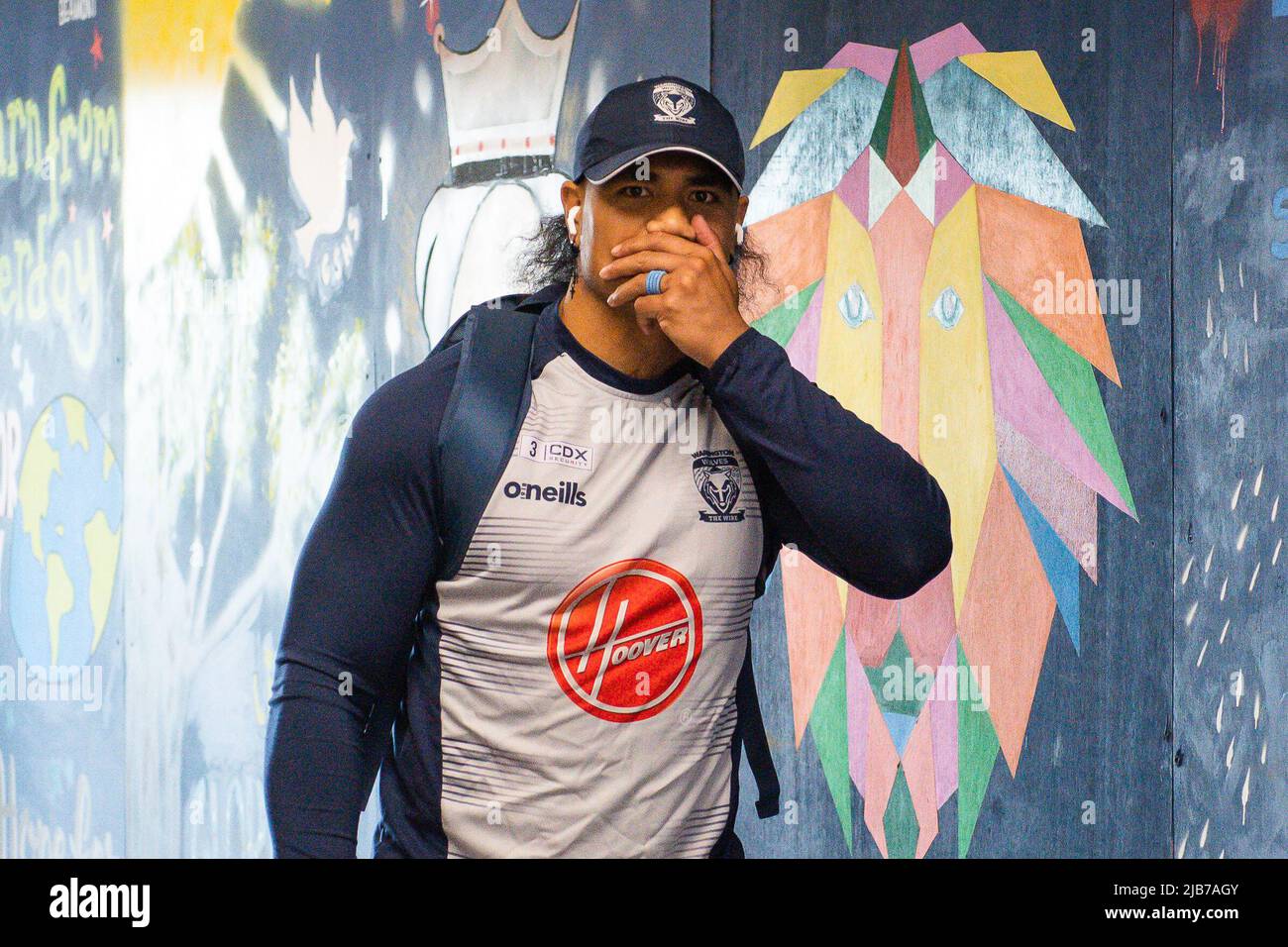 Peter Mata’utia #3 of Warrington Wolves arrives at The Halliwell Jones ...