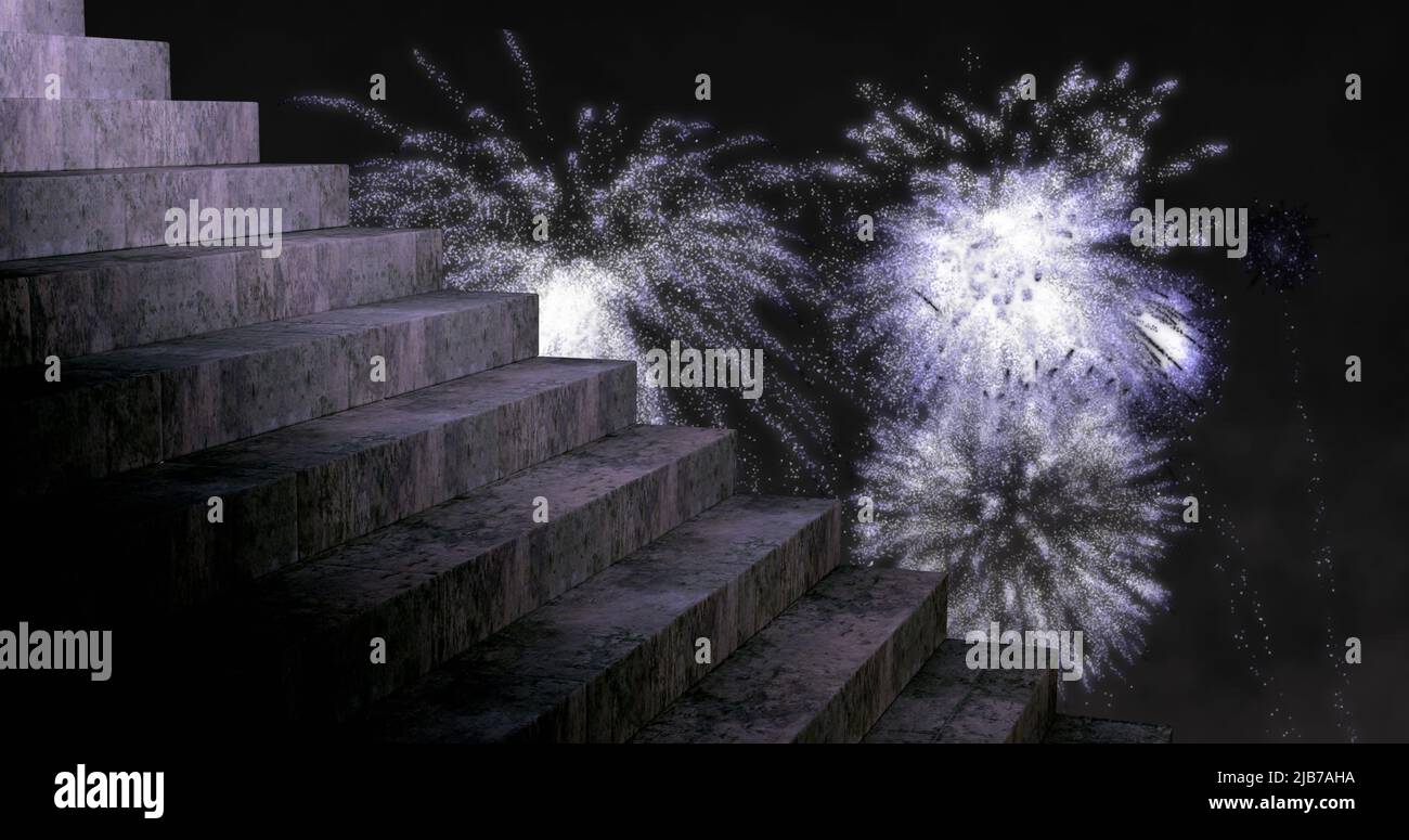 Image of steps with white christmas and new year fireworks exploding in ...