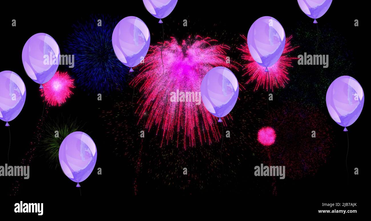 Image of lilac balloons with colourful christmas and new year fireworks ...