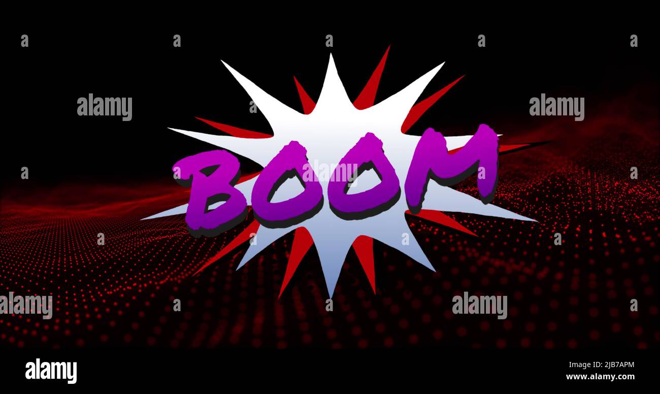 Image of boom text over red dots on black background Stock Photo - Alamy