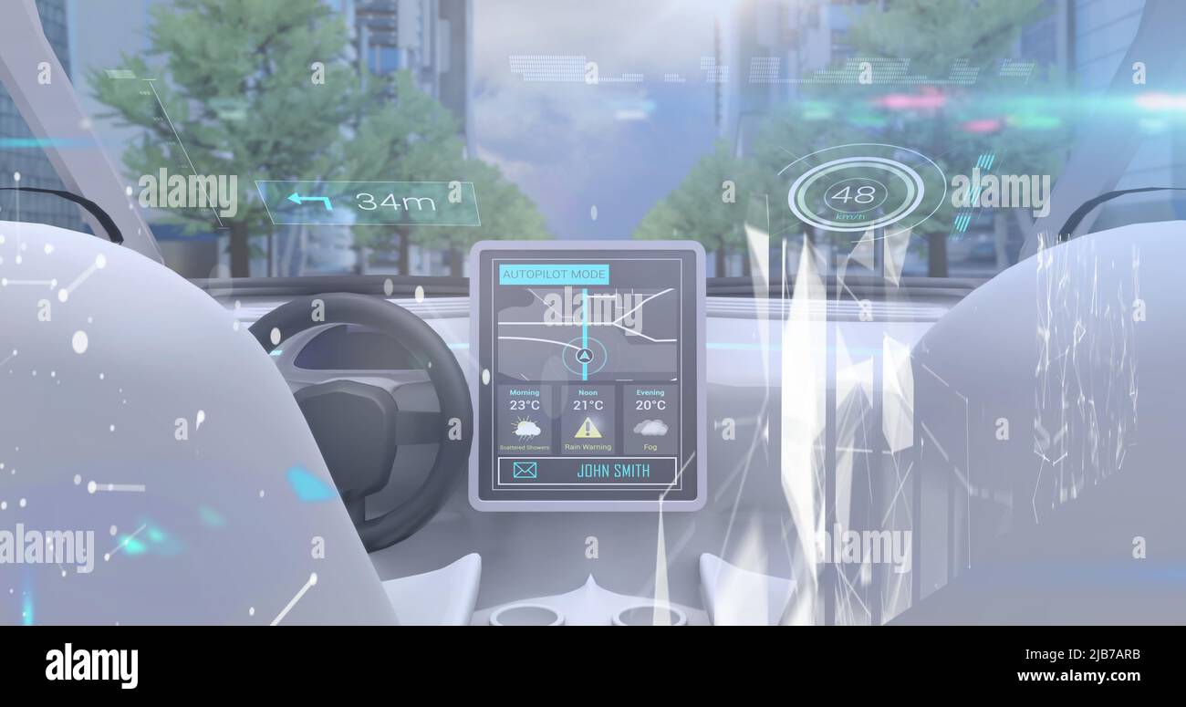 Image of data processing over dashboard in self drive car Stock Photo ...