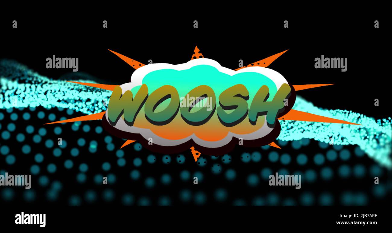 Image of woosh text over blue dots on black background Stock Photo - Alamy