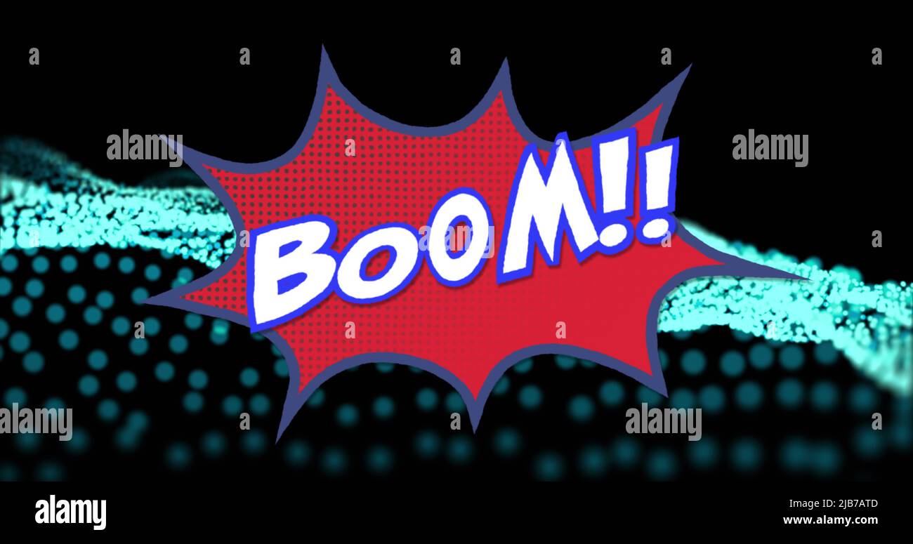 Image of boom text over blue dots on black background Stock Photo - Alamy