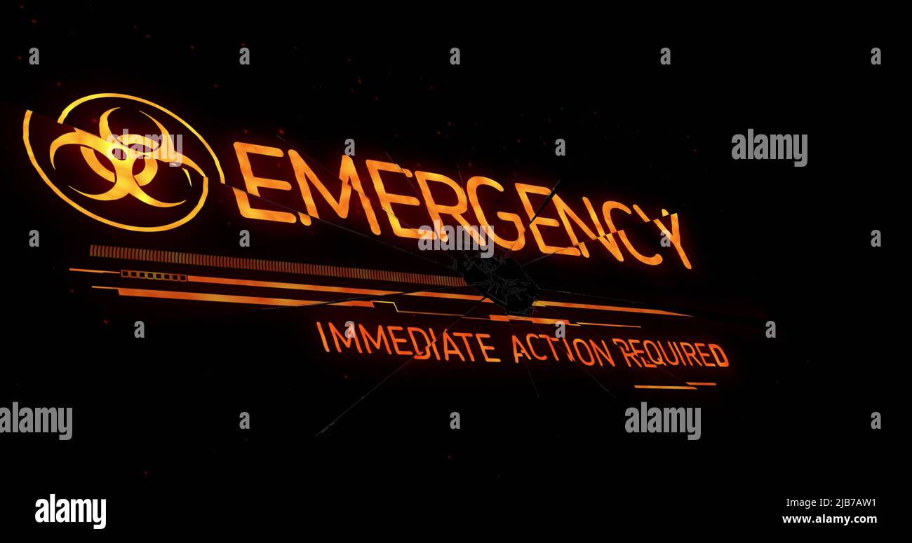 Image of emergency text with biohazard symbol on black background Stock ...