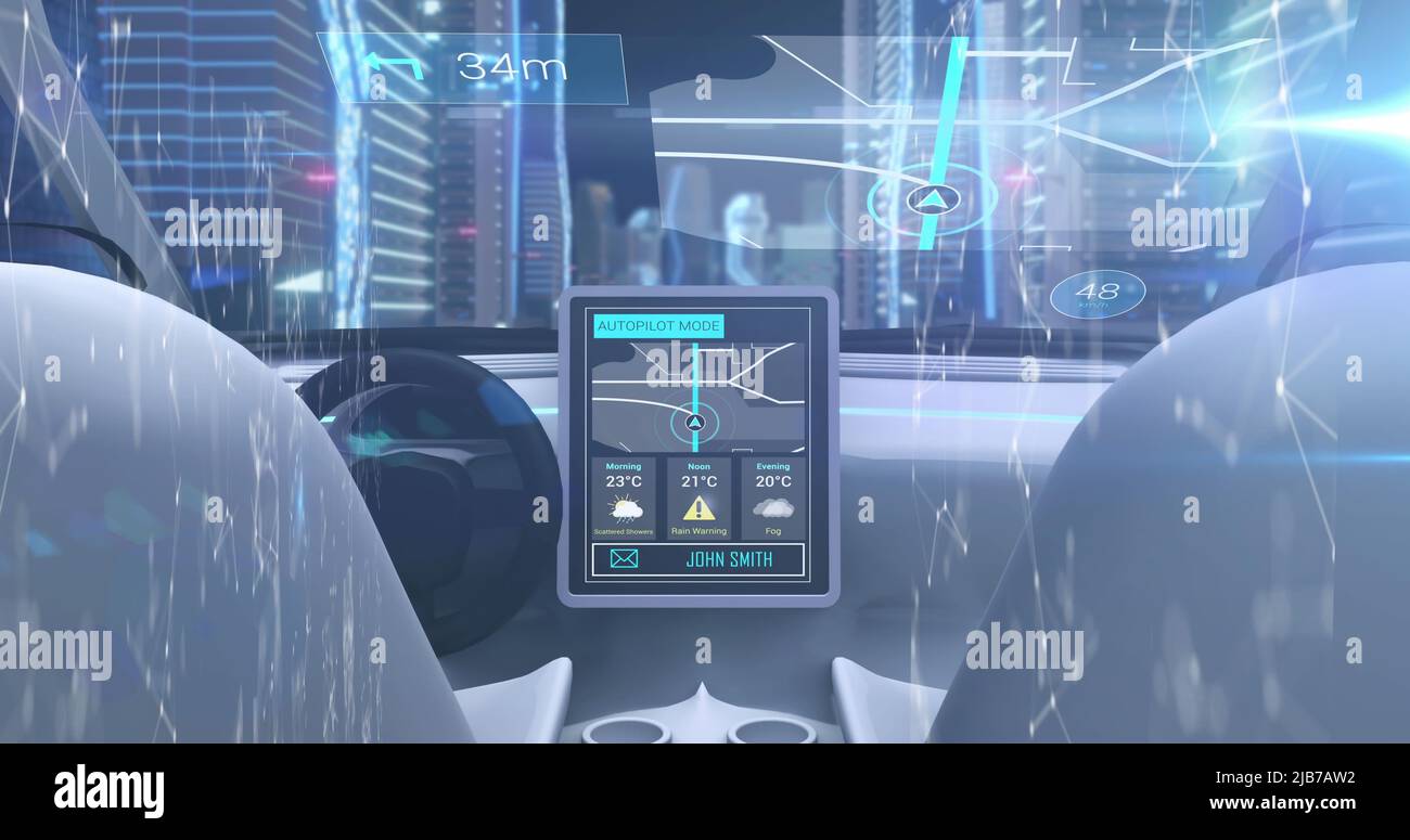 Image of data processing over dashboard in self drive car Stock Photo ...