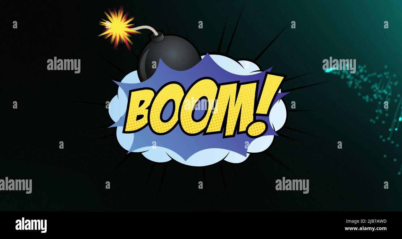 Image of boom text over light trails on black background Stock Photo ...