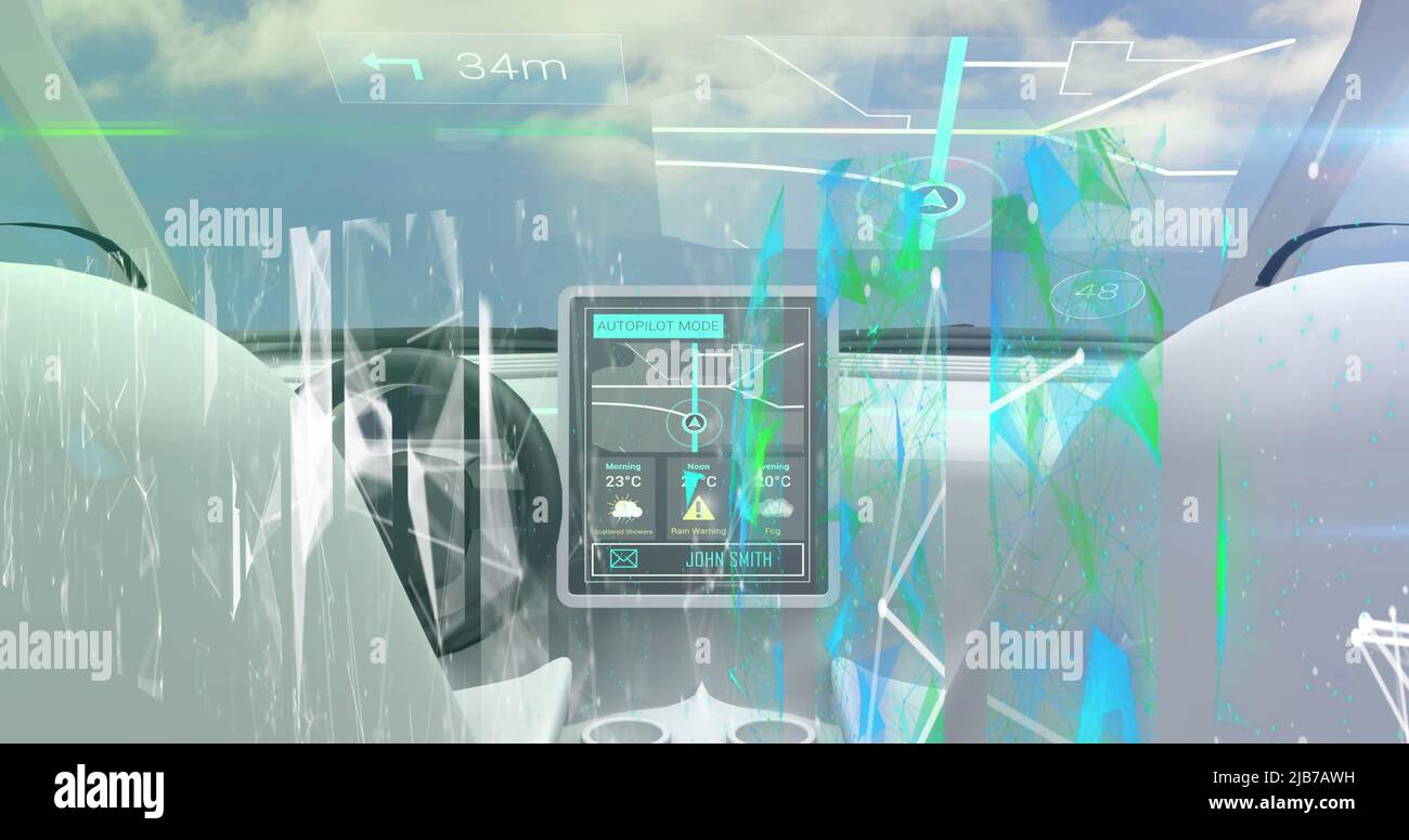 Image of network of connection and data processing over dashboard in ...