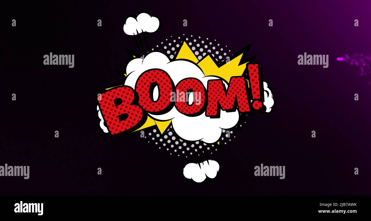 Image of boom text over light trails on black background Stock Photo ...