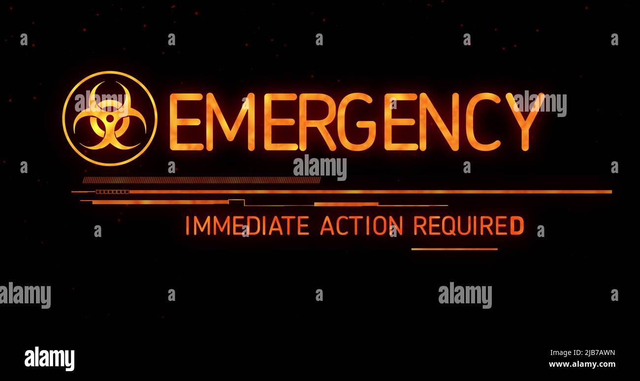 Image of emergency text with biohazard symbol on black background Stock ...