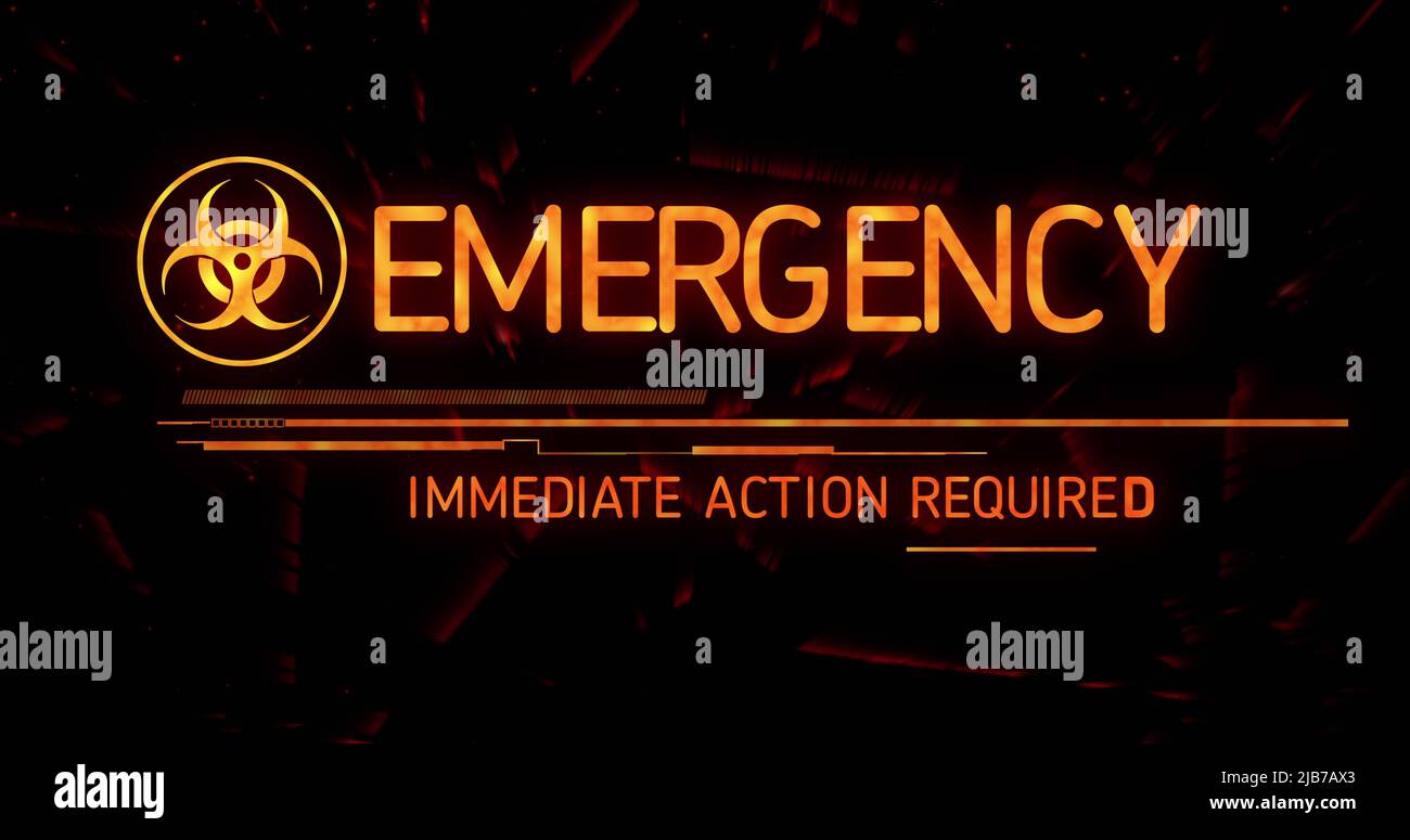 Image of emergency text with biohazard symbol on black background Stock ...