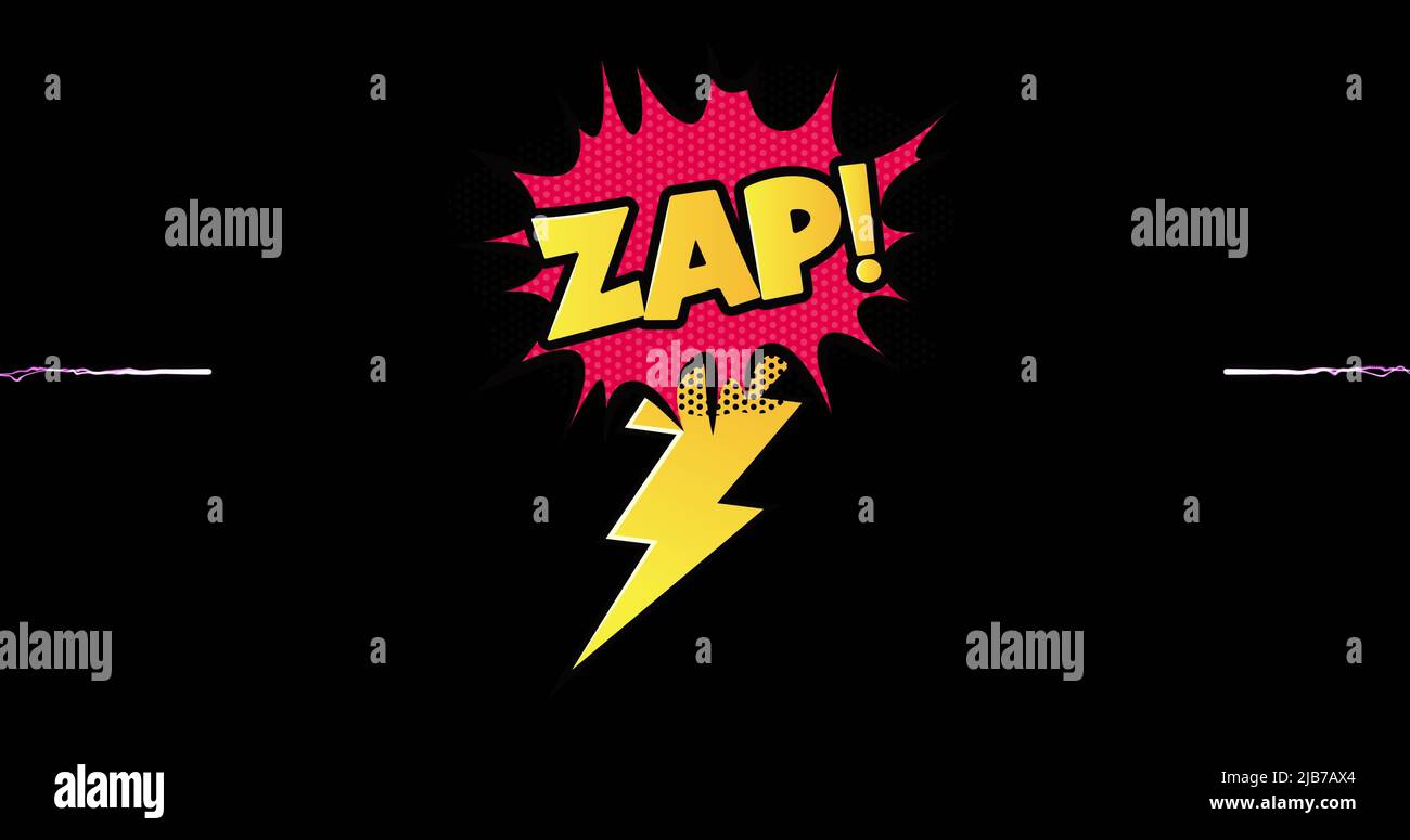 Image of zap text over fireworks on black background Stock Photo - Alamy