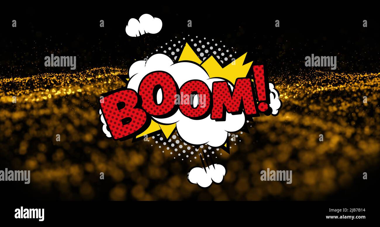 Image of boom text over orange dots on black background Stock Photo - Alamy
