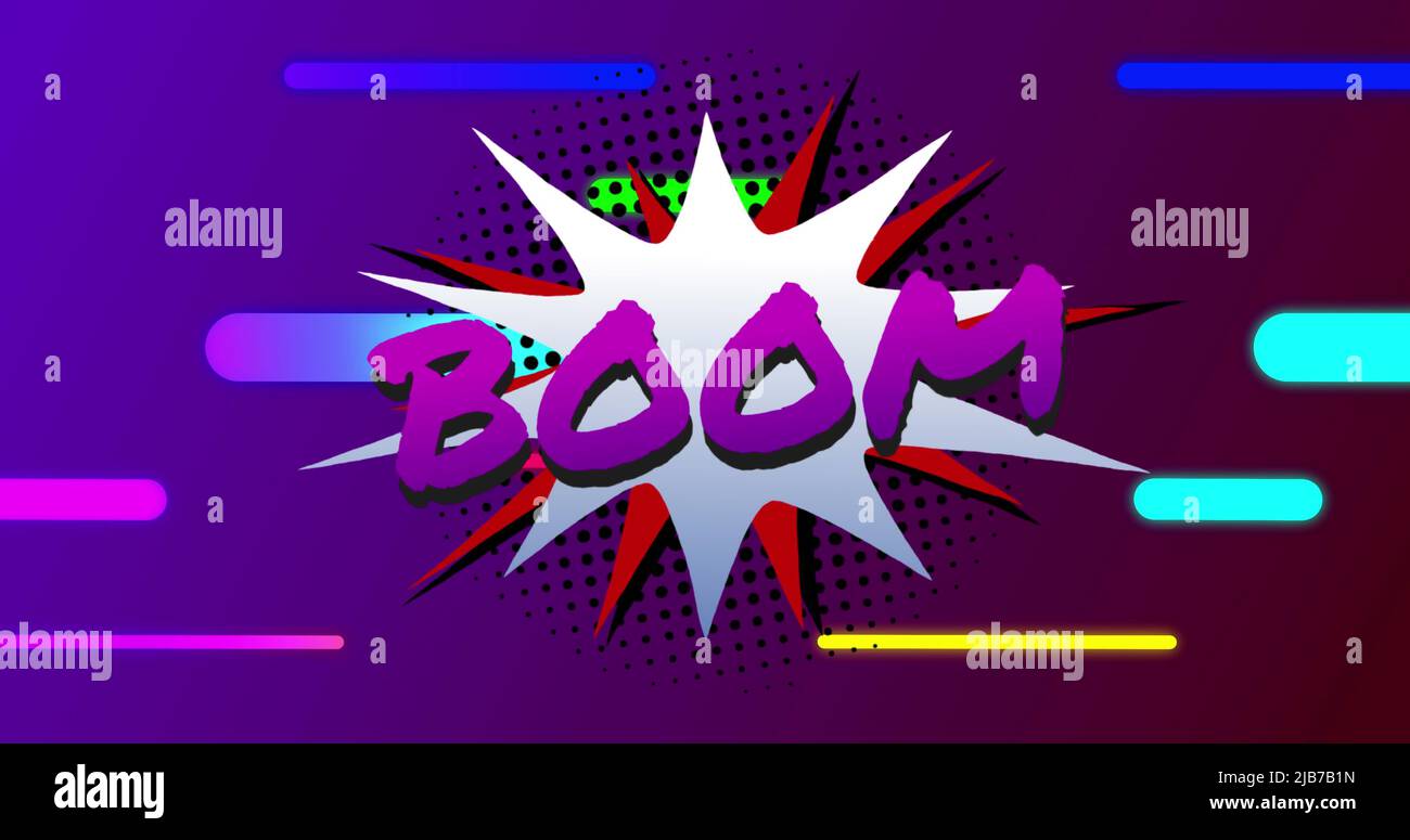 Image of boom text over colorful lines on purple background Stock Photo ...