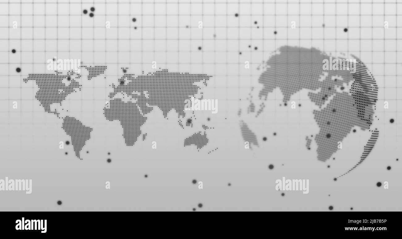 Image of dots moving over world map and rotating globe on grey ...