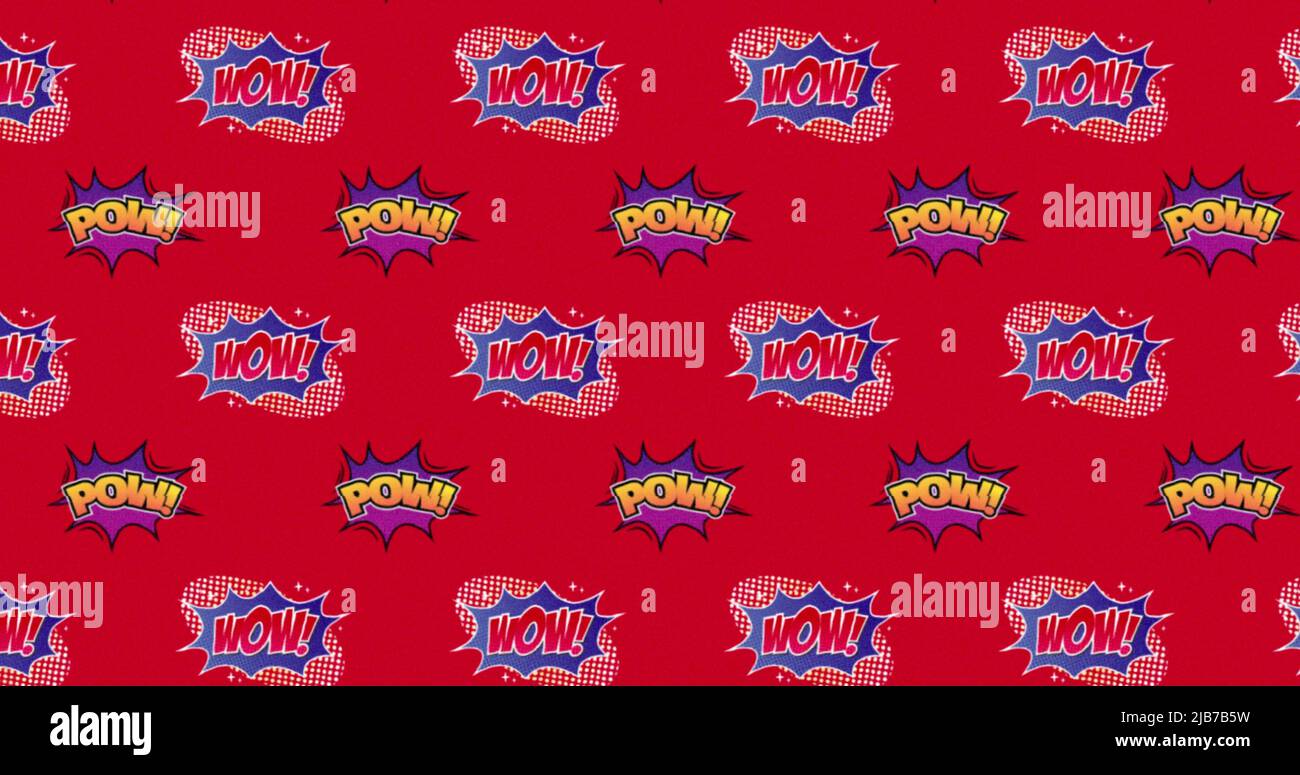 Image of zap and pow text repeated on red background Stock Photo - Alamy