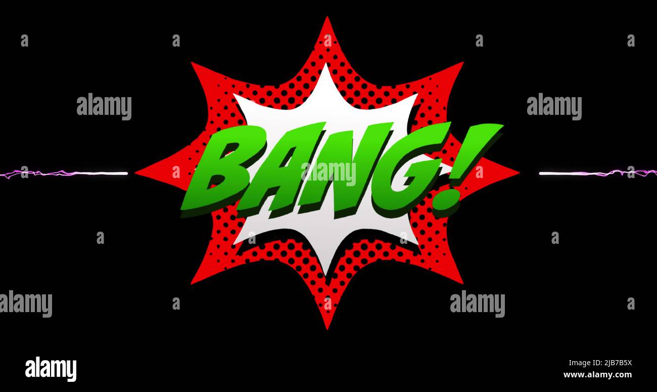 Image of bang text over fireworks on black background Stock Photo - Alamy