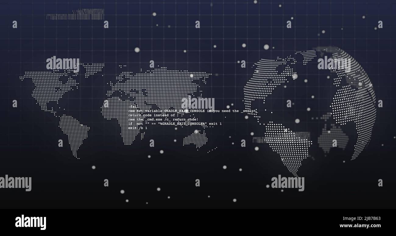 Image of dots and data processing over world map and rotating globe on ...