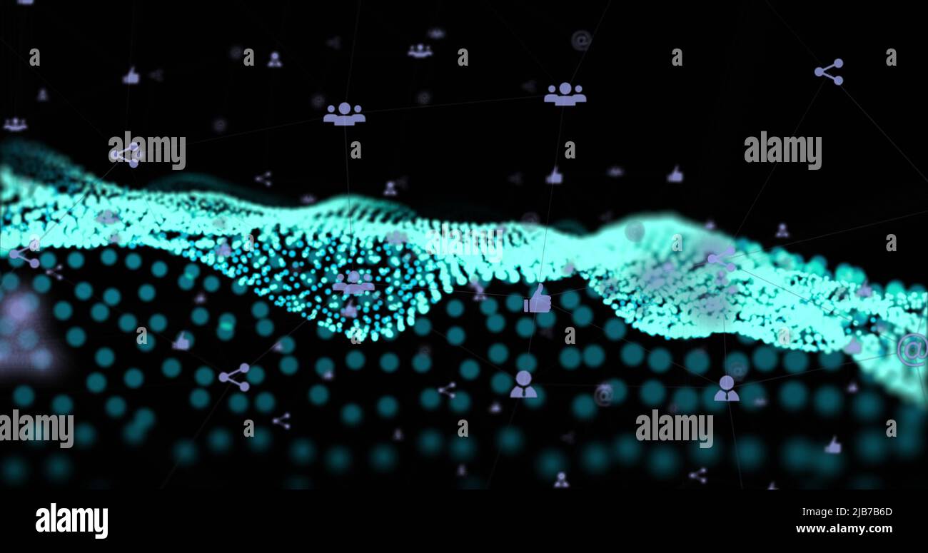 Image of digital icons and light spots over black background Stock ...
