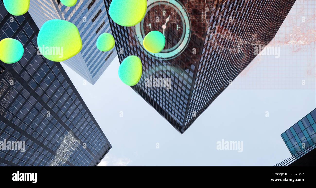 Image of moving clock, green stains and digital brain over cityscape ...