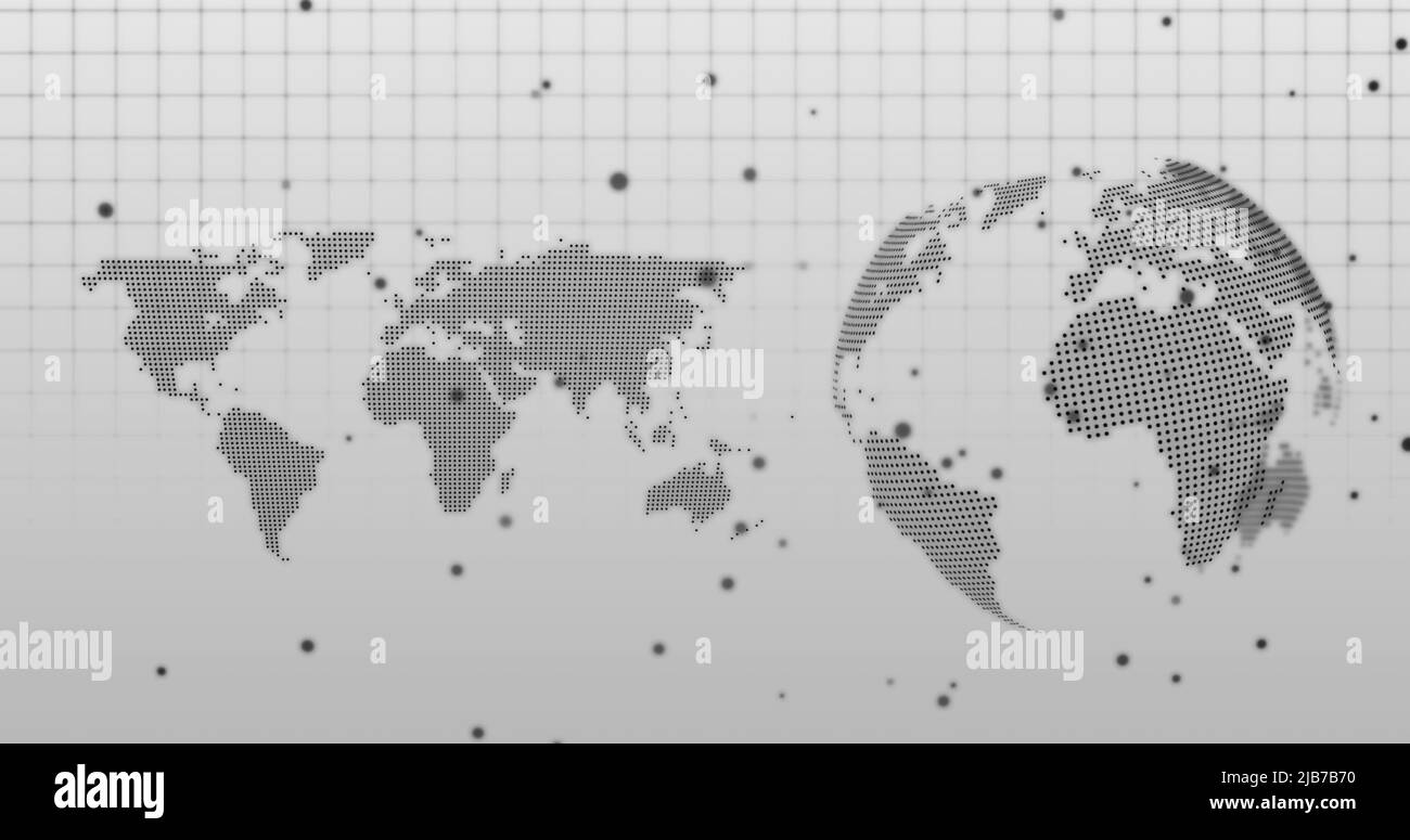 Image of dots moving over world map and rotating globe on grey ...