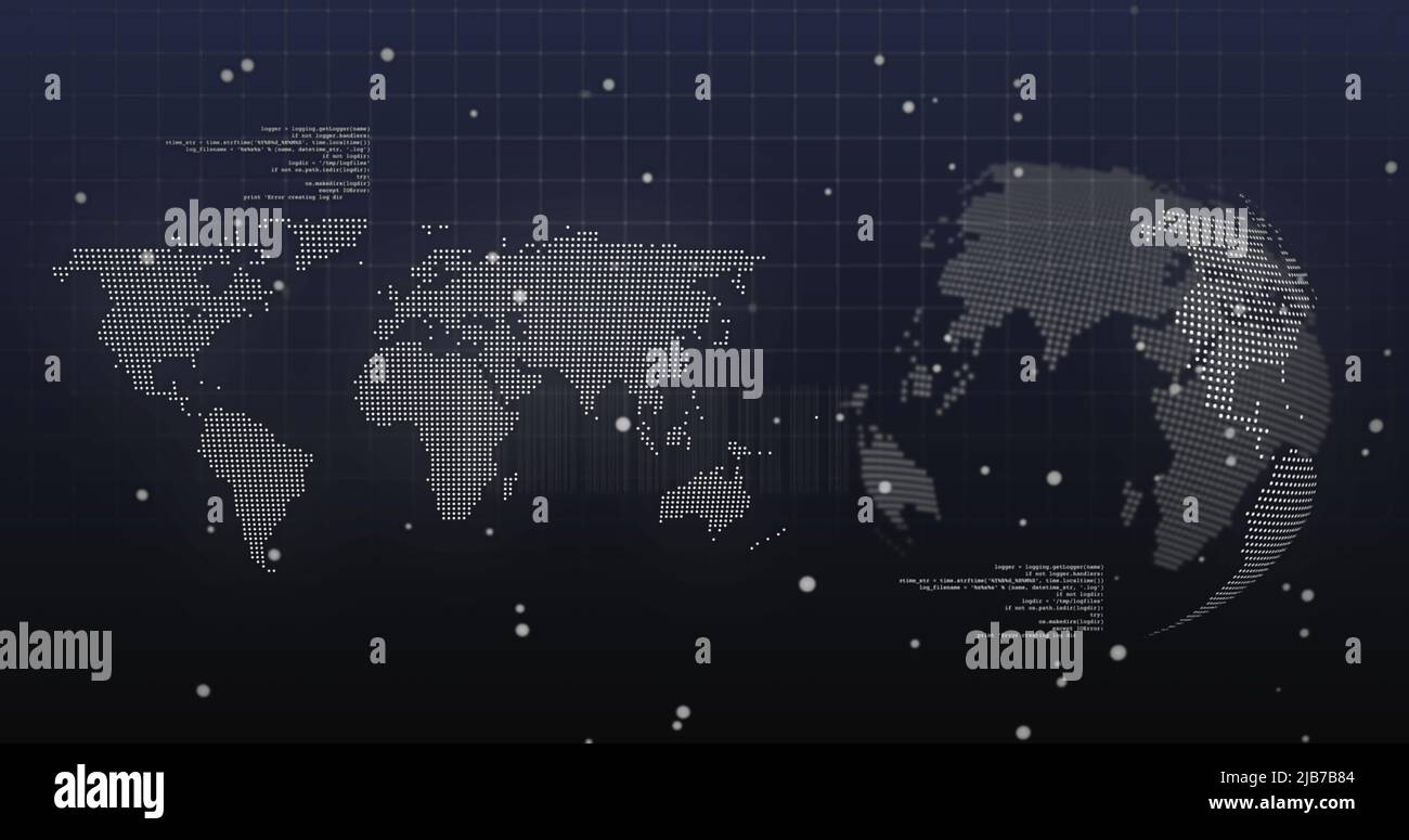 Image Of Dots And Data Processing Over World Map And Rotating Globe On