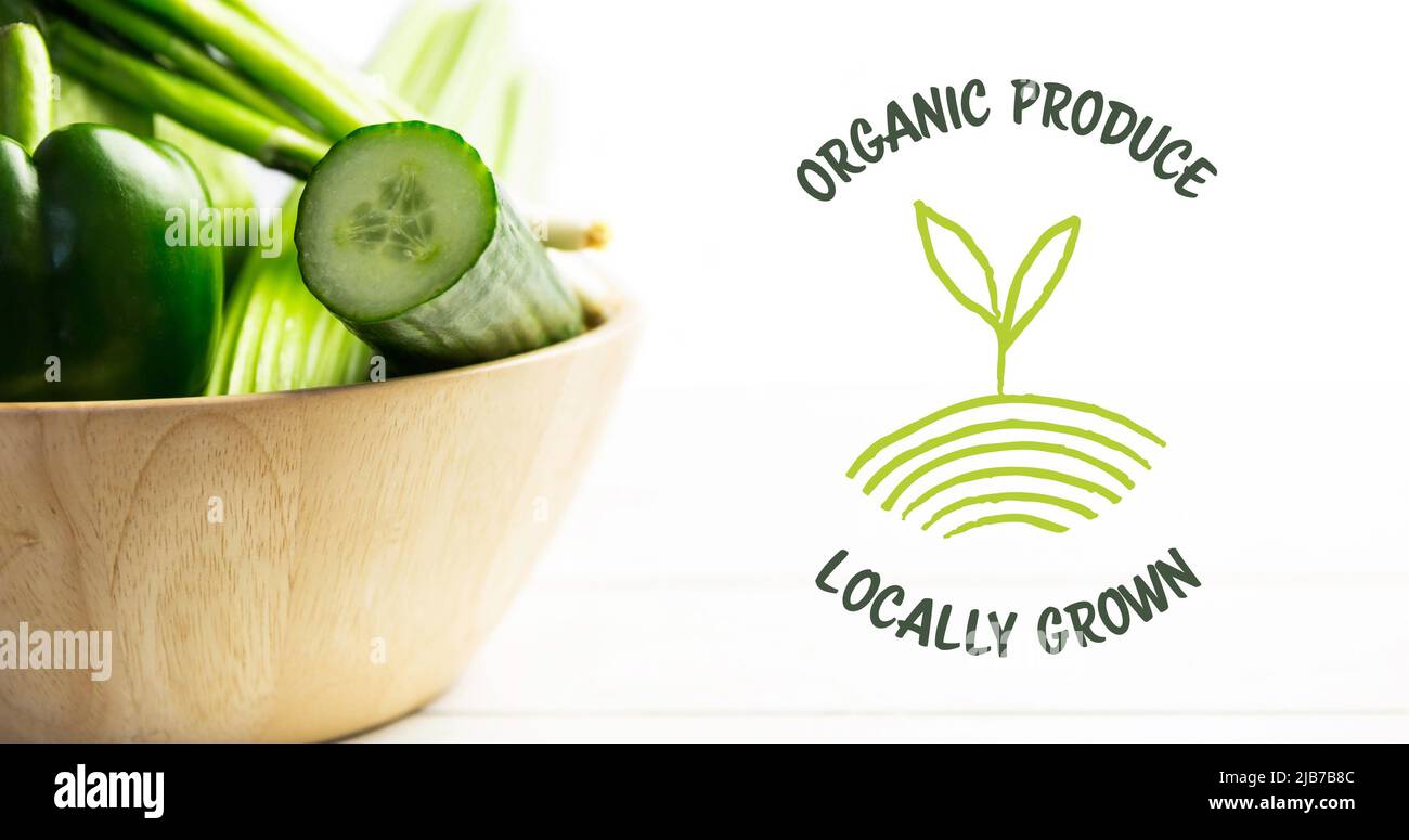Image of organic produce text in green over fresh organic vegetable ...
