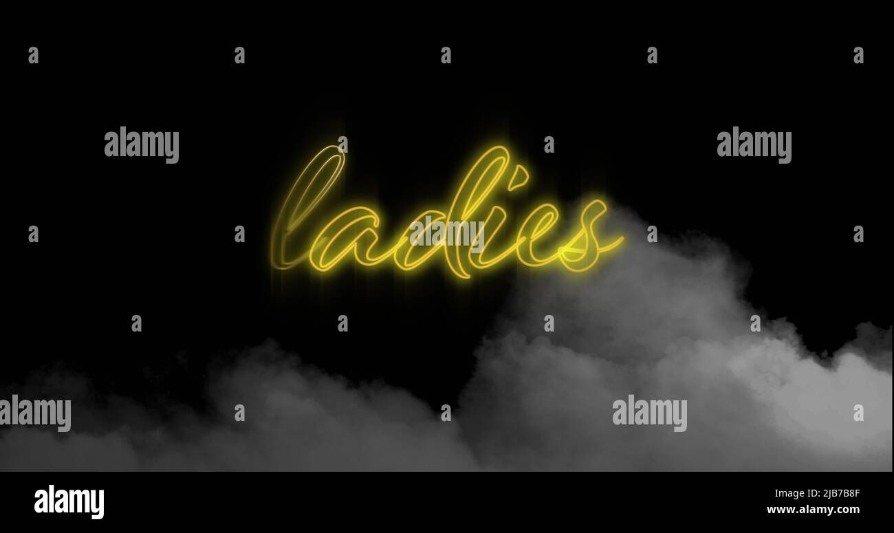 Digital image of neon yellow ladies text sign over smoke effect against ...