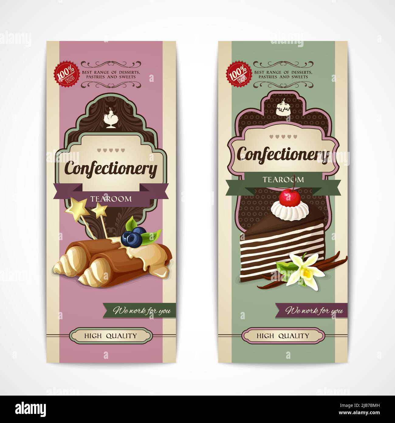 Decorative sweets vertical vintage banners set with crepes and vanilla ...