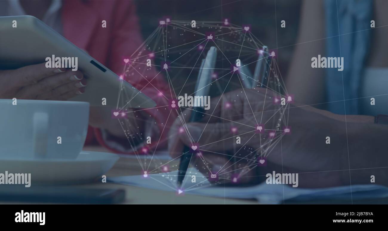 Digital composite image of network of connection with interface icons ...