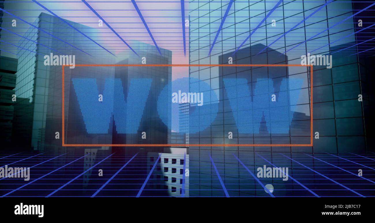 Image of wow text in blue letters and red frame over cityscape Stock ...