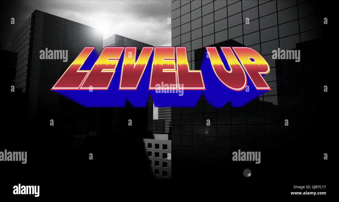Image of level up text in red and yellow letters over cityscape Stock ...