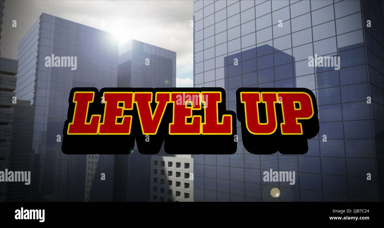 Image of level up text in red letters over cityscape Stock Photo - Alamy