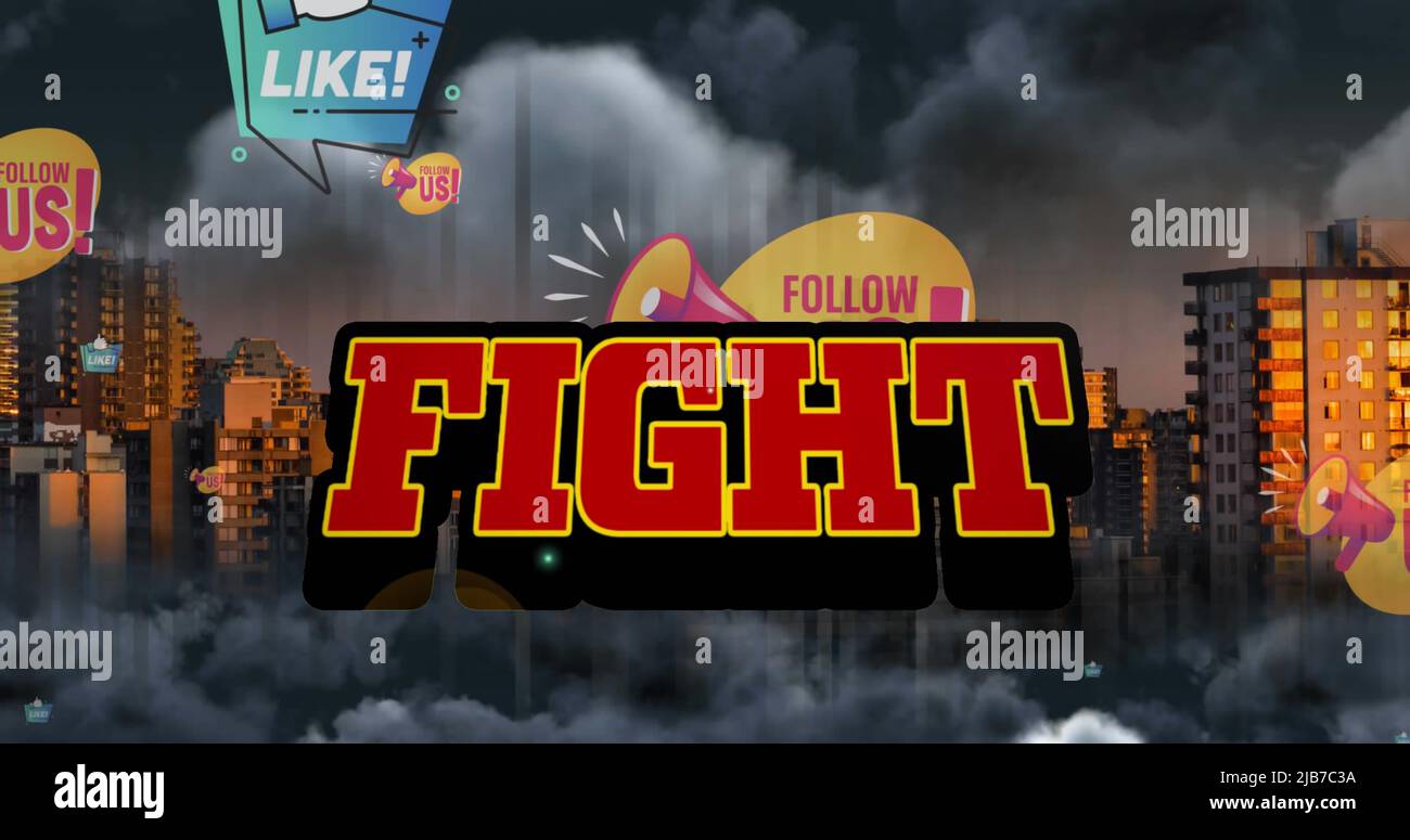 Image of fight text and social media text over cityscape Stock Photo ...