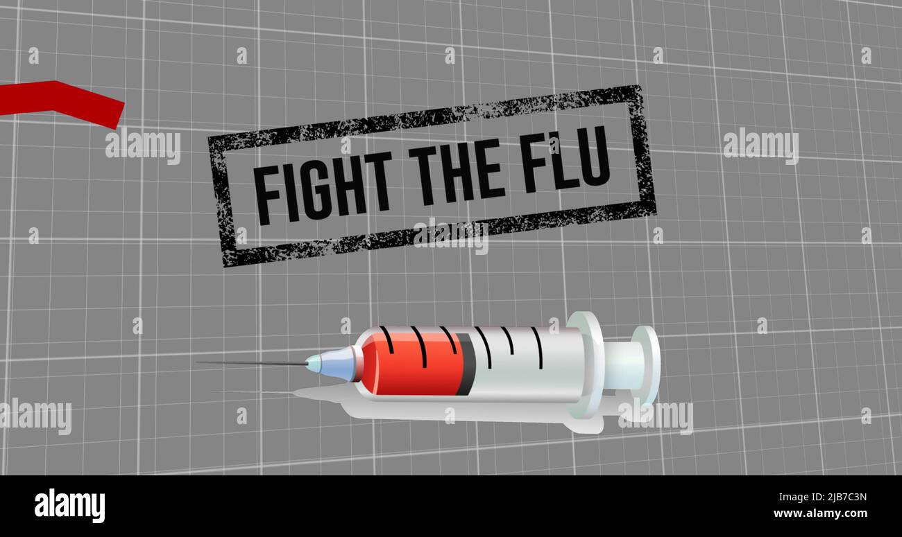Image of fight the flu text over syringe icon with graph on grey ...