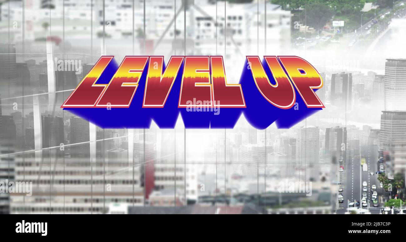 Image of level up text in red letters over cityscape background Stock ...