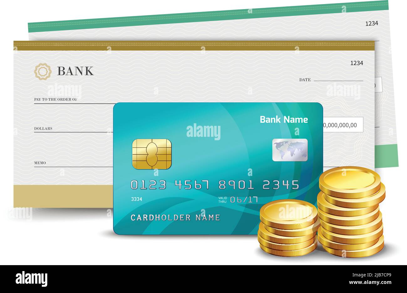 Realistic credit card check and coins isolated on white background ...