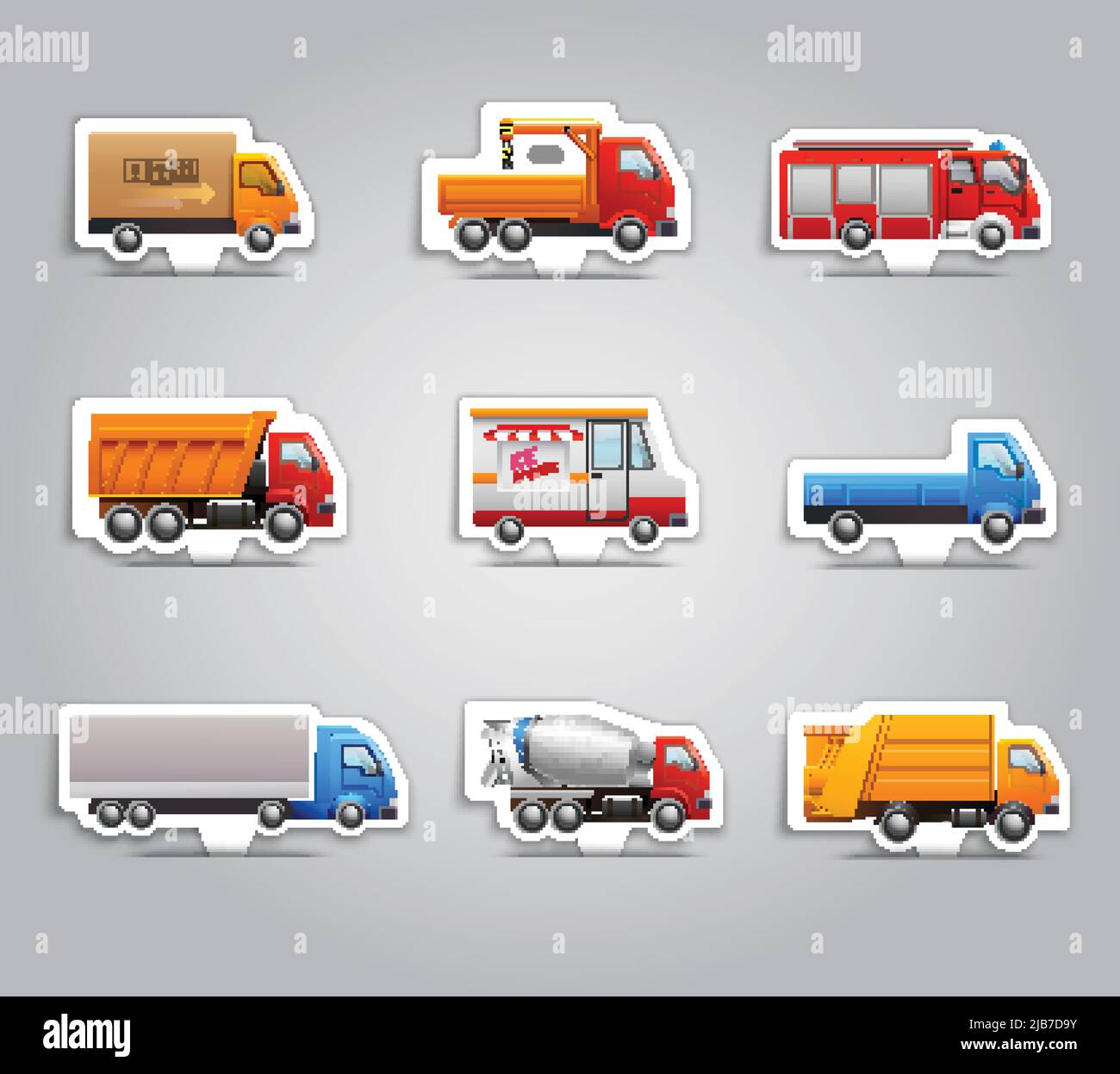 Realistic truck lorry transport van auto paper stickers set isolated ...