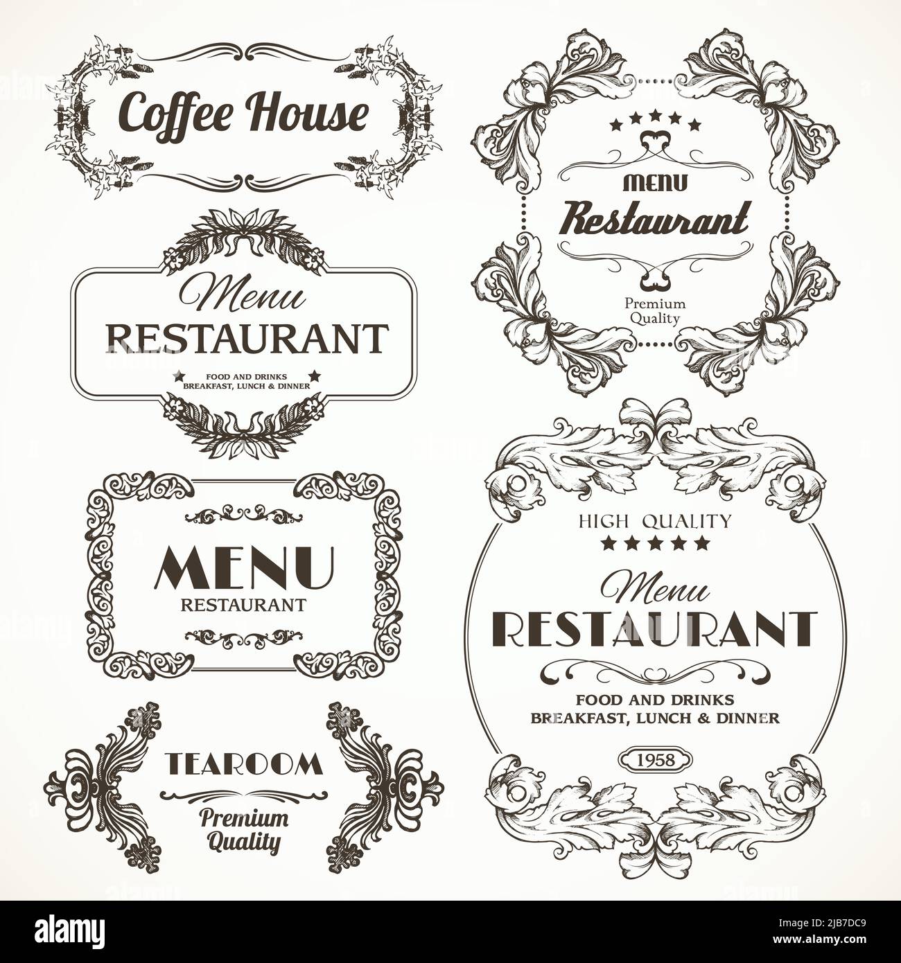 Decorative floral romantic ornament restaurant menu frames set isolated ...