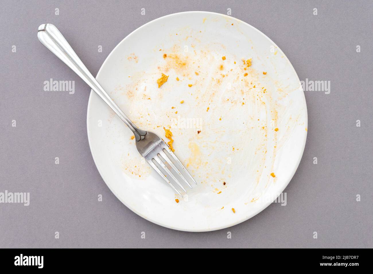 Top view of white plate, fork and food leftover Stock Photo - Alamy